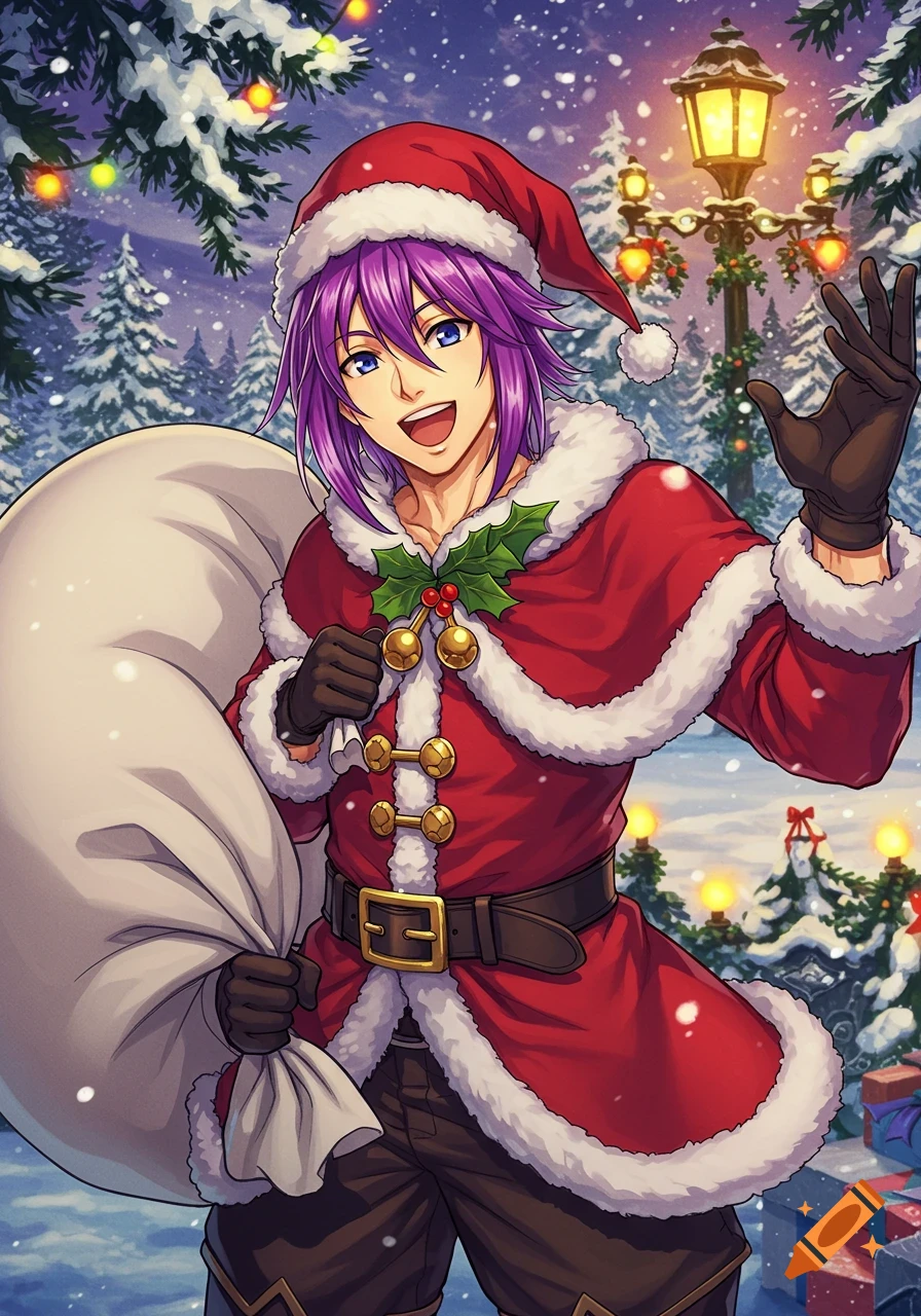 Smiling anime character in Santa suit with a sack in a snowy Christmas ...