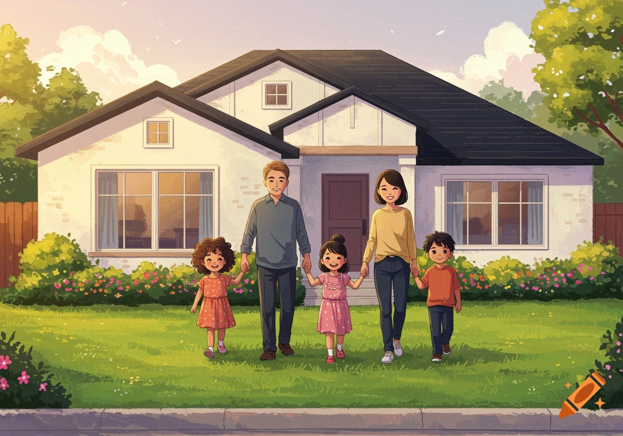 A smiling family walks in front of their suburban house. on Craiyon