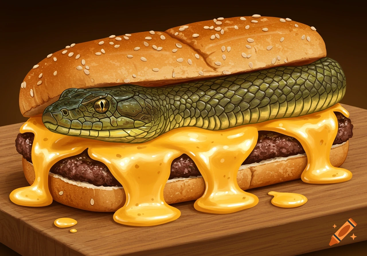 A snake is inside a sandwich with melted cheese on a wooden board. on ...
