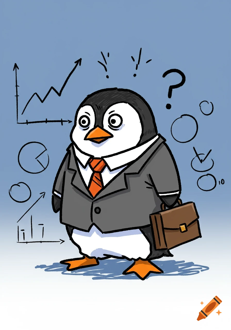 Cartoon penguin in a suit with a briefcase stands before charts and ...