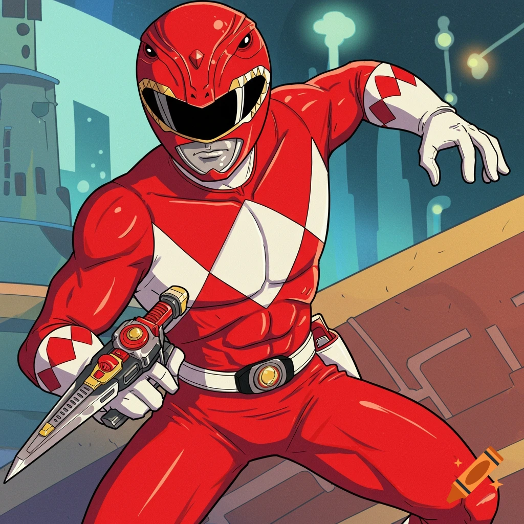 A comic art illustration of the golden Power Ranger choking the red ...