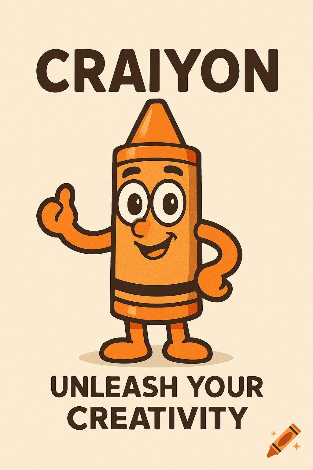 Cartoon orange crayon with a happy face and text Craiyon unleash your ...