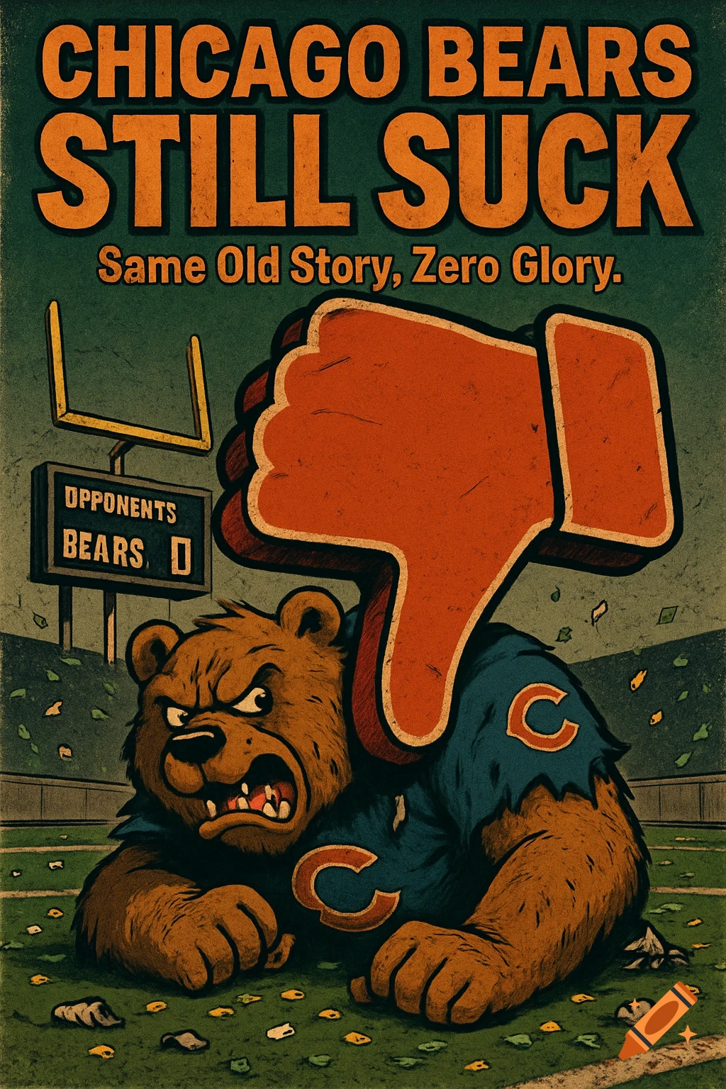 Cartoon poster mocking the Chicago Bears with a grumpy bear under a red ...