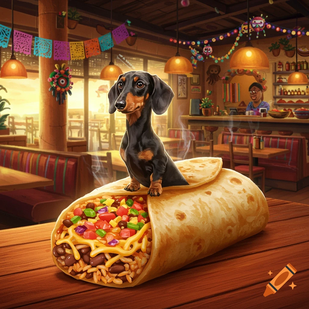 Wiener dog in a burrito at a Mexican restaurant on Craiyon