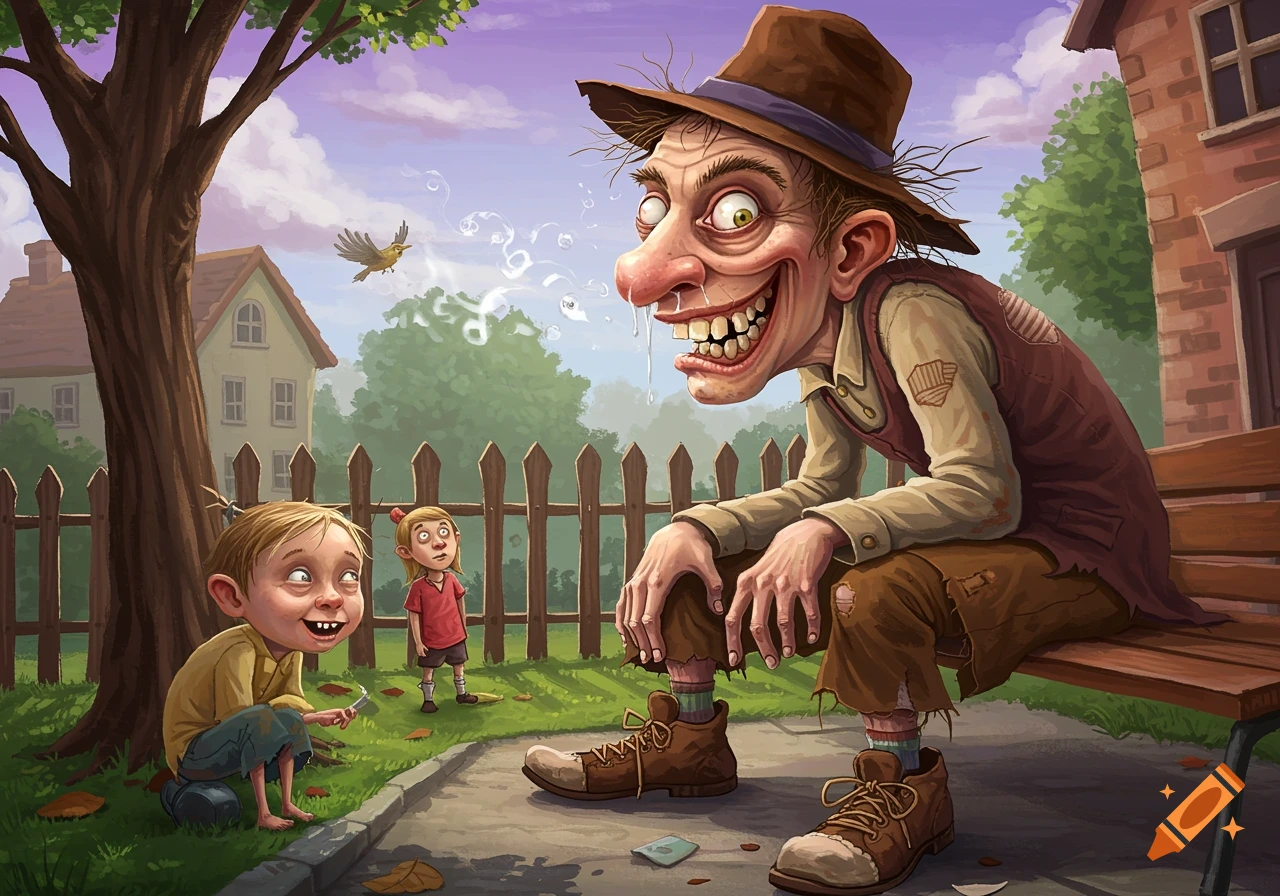 Cartoon character resembling Willy Wonka holding a lollipop in front of ...