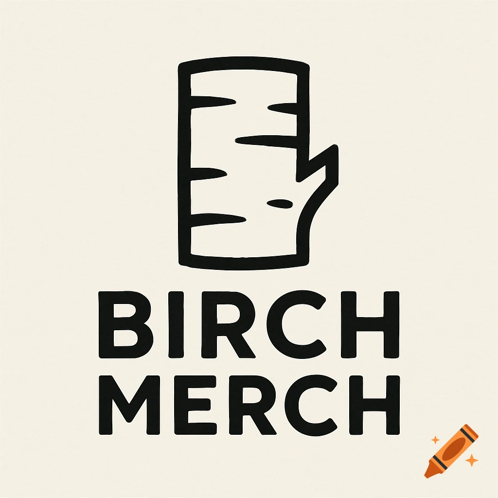 Black and white logo for Birch Merch with a stylized birch tree symbol ...