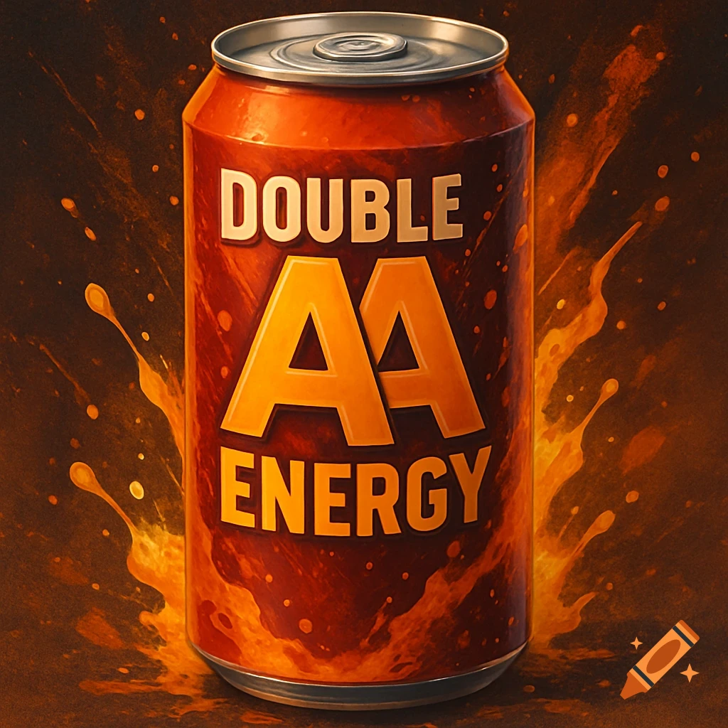 An orange energy drink can with 'DOUBLE AA ENERGY' text, surrounded by ...