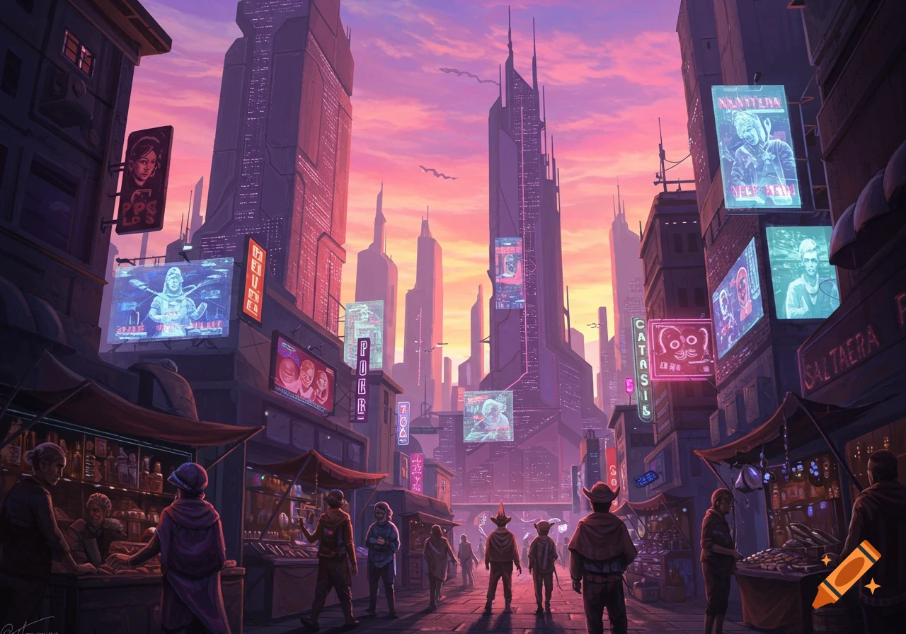 A vibrant, futuristic city street at night, illuminated by neon signs ...