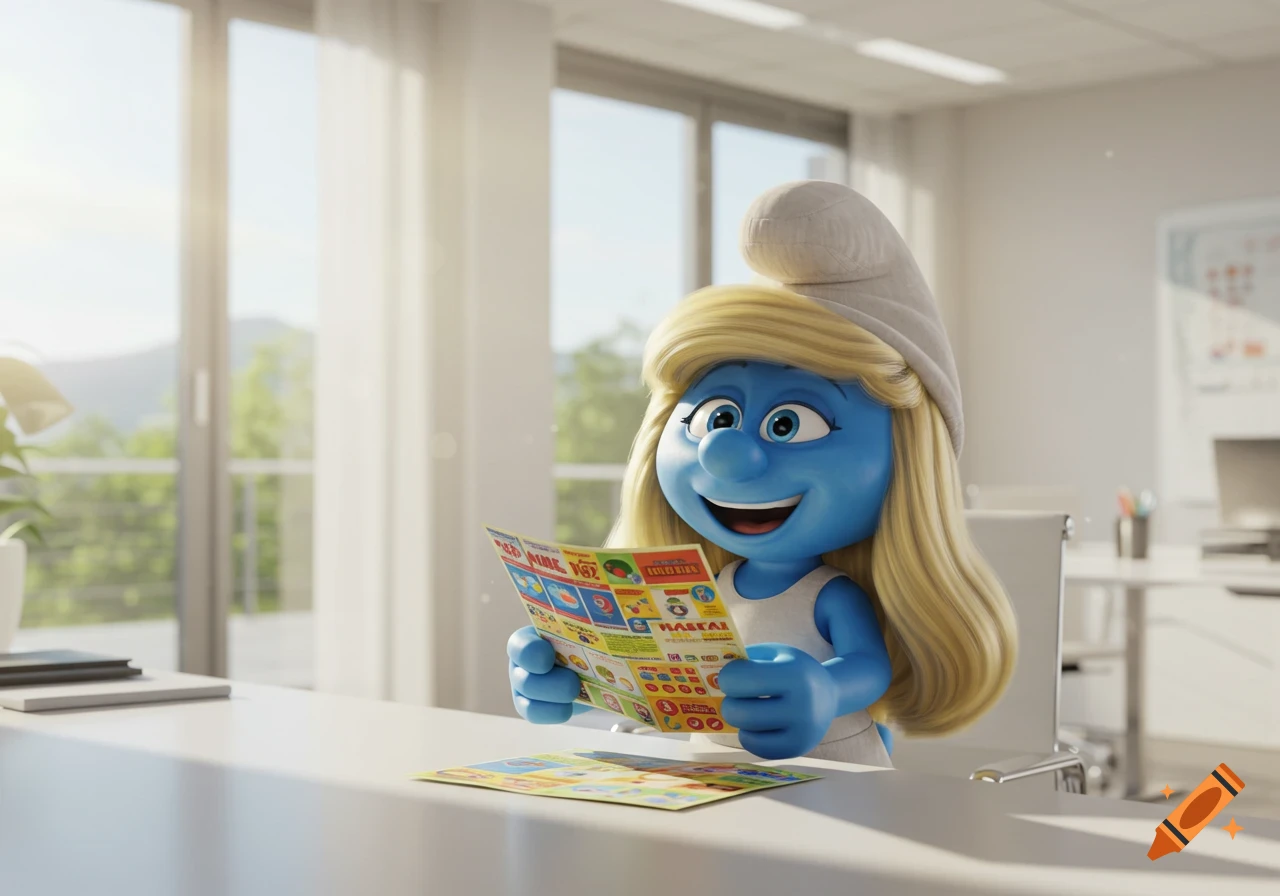 Cartoon Smurf character wearing a vest, holding a shopping bag, in a ...
