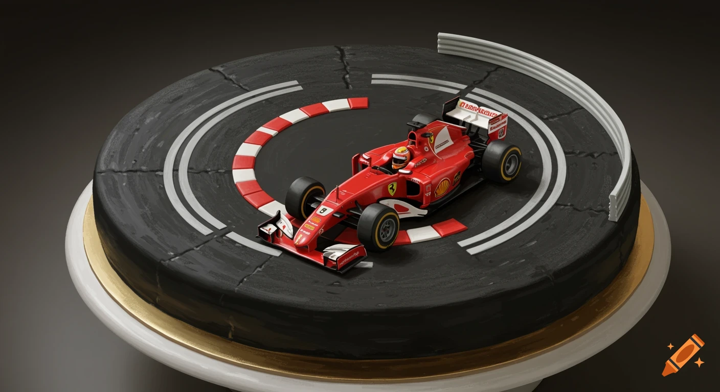 A realistic cake decorated like a race track with a red Formula 1 car ...