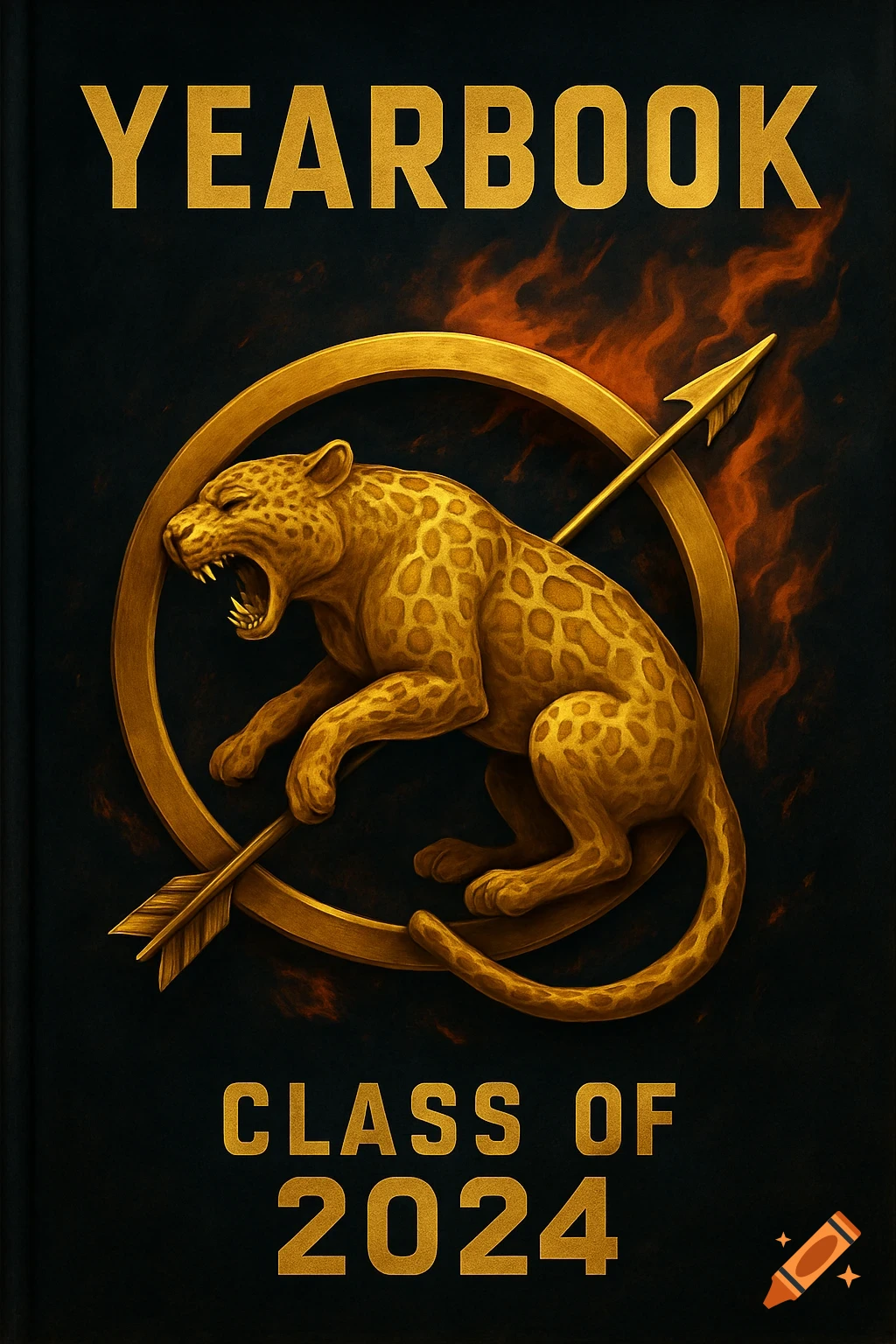 Golden jaguar symbol with ring and arrow on dark background, text ...