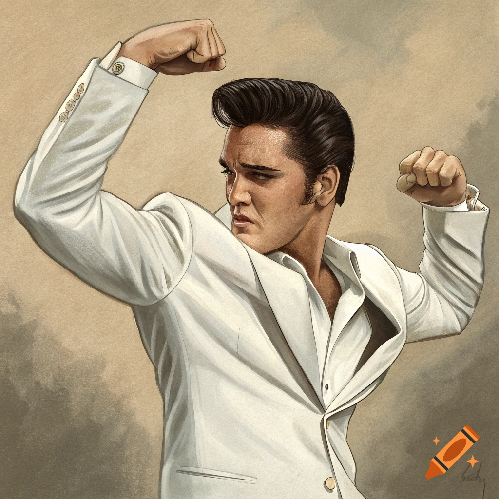 Cartoon illustration of a baby dressed as Elvis Presley in a white ...