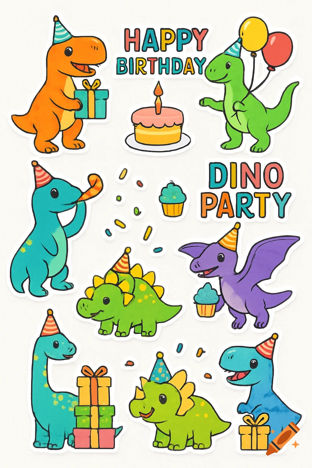 Cute green dinosaur in party hat holding a birthday cake, with 'Happy ...