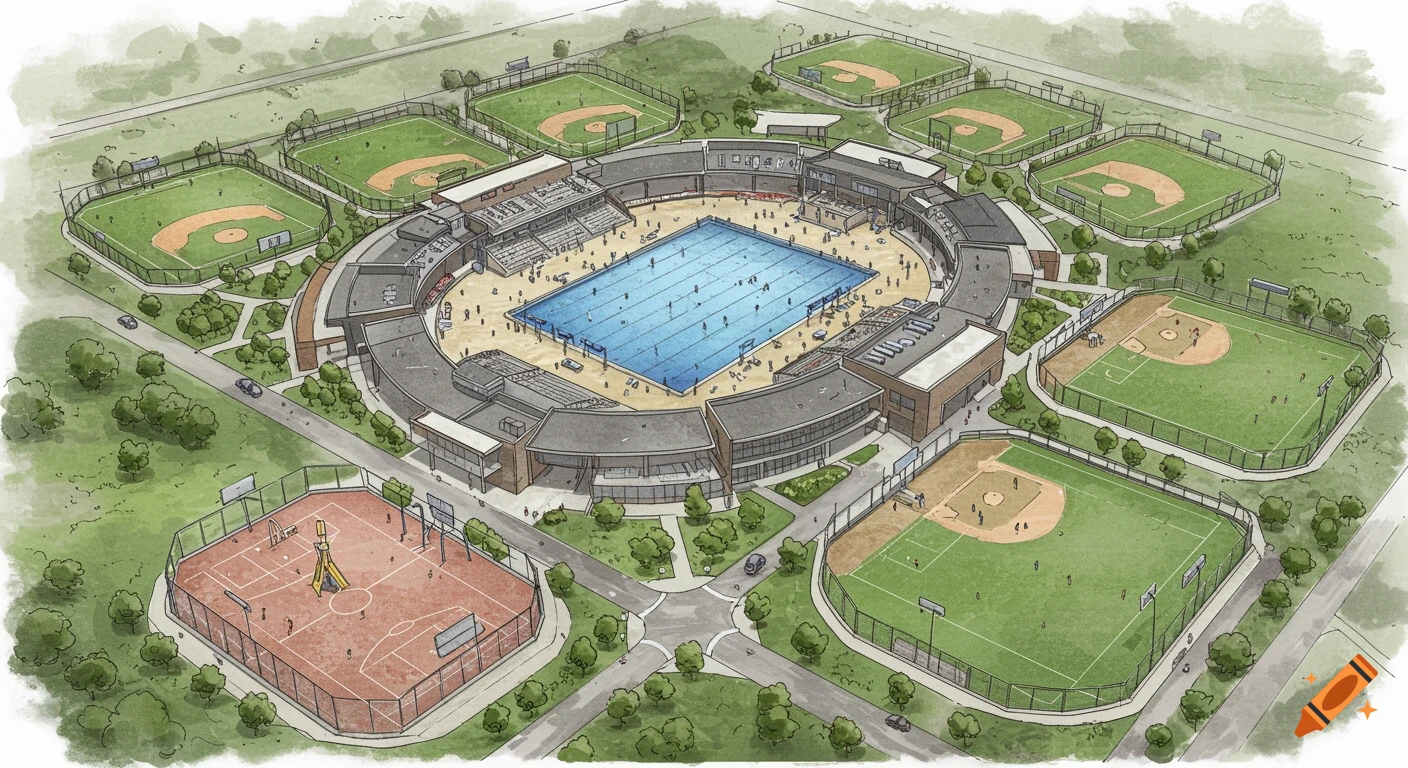 Aerial illustration of a large sports complex with a central pool ...