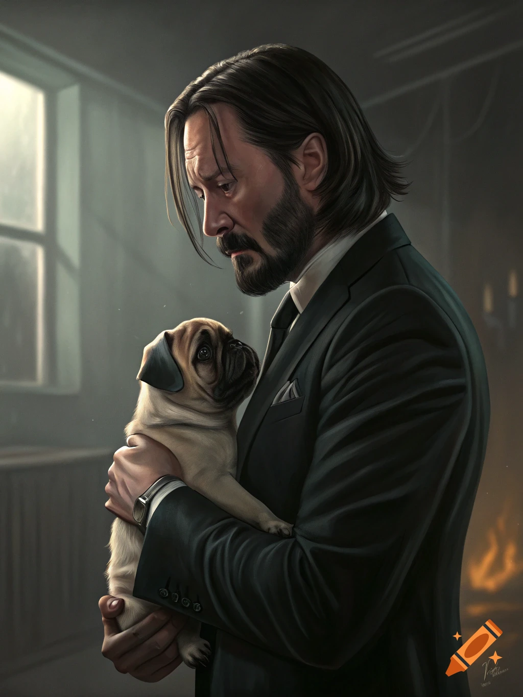 Illustration of a man resembling John Wick in a suit holding a pistol. on Craiyon