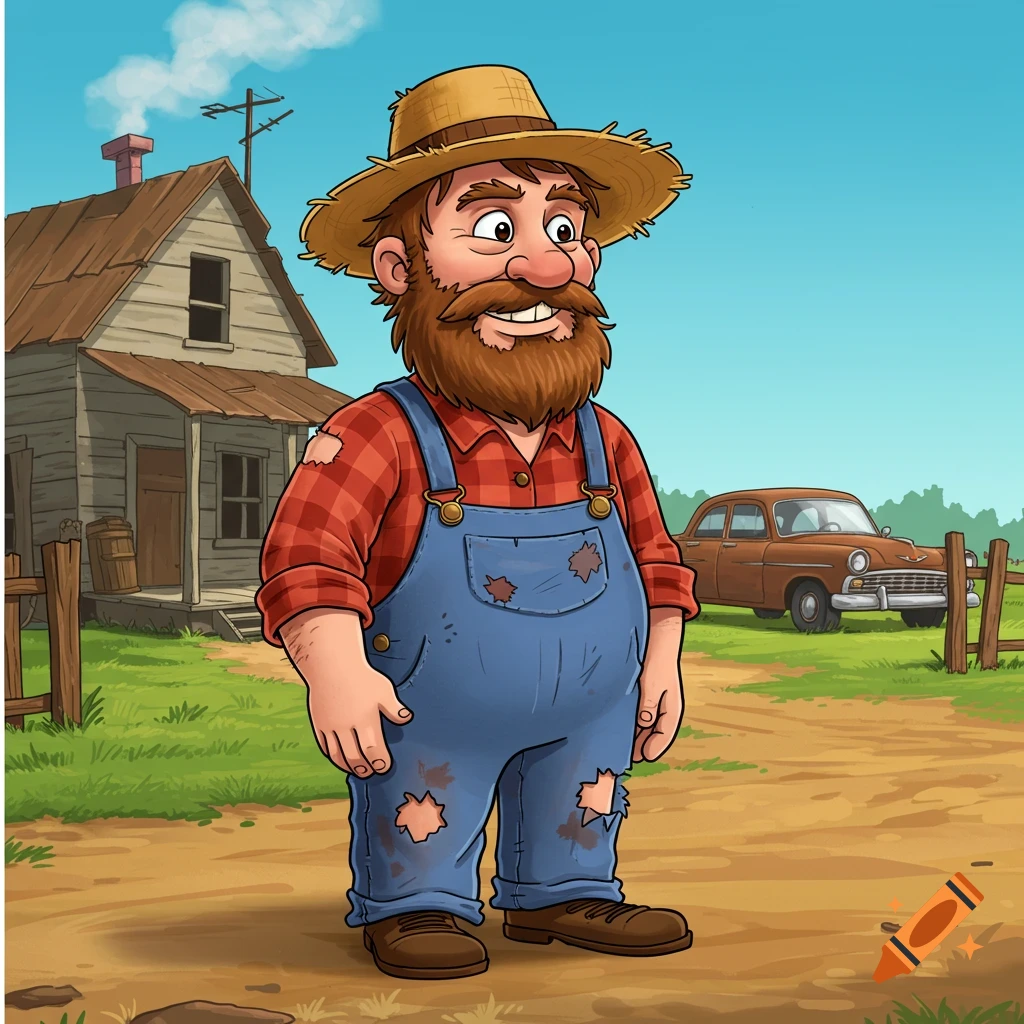 Cartoon farmer with a straw hat and overalls holds a wrench standing in ...