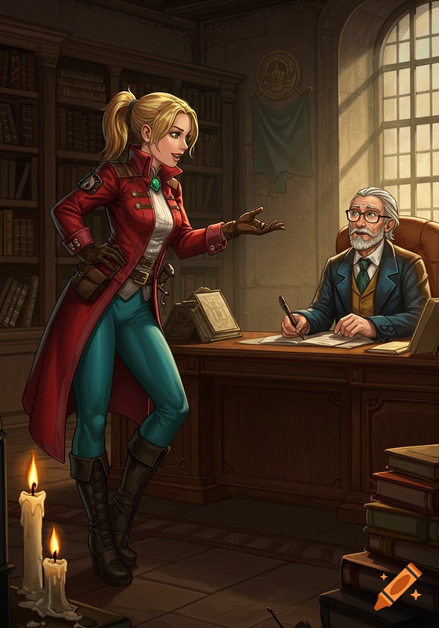 A woman in a red coat is talking to an old man at a desk in a library ...