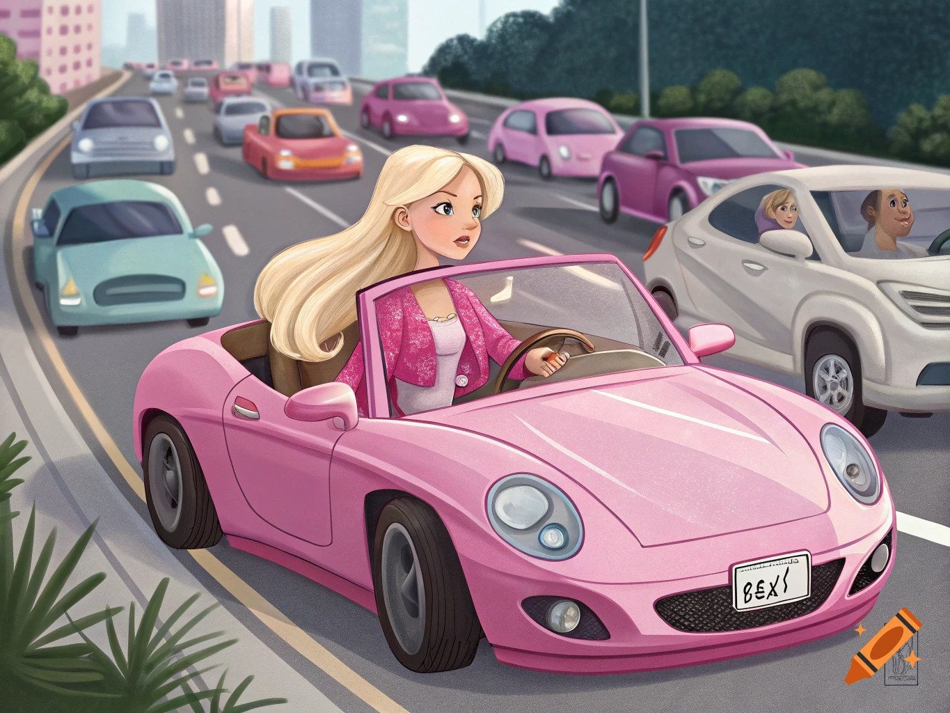 Illustration of a Barbie-like woman driving a pink convertible stuck in ...