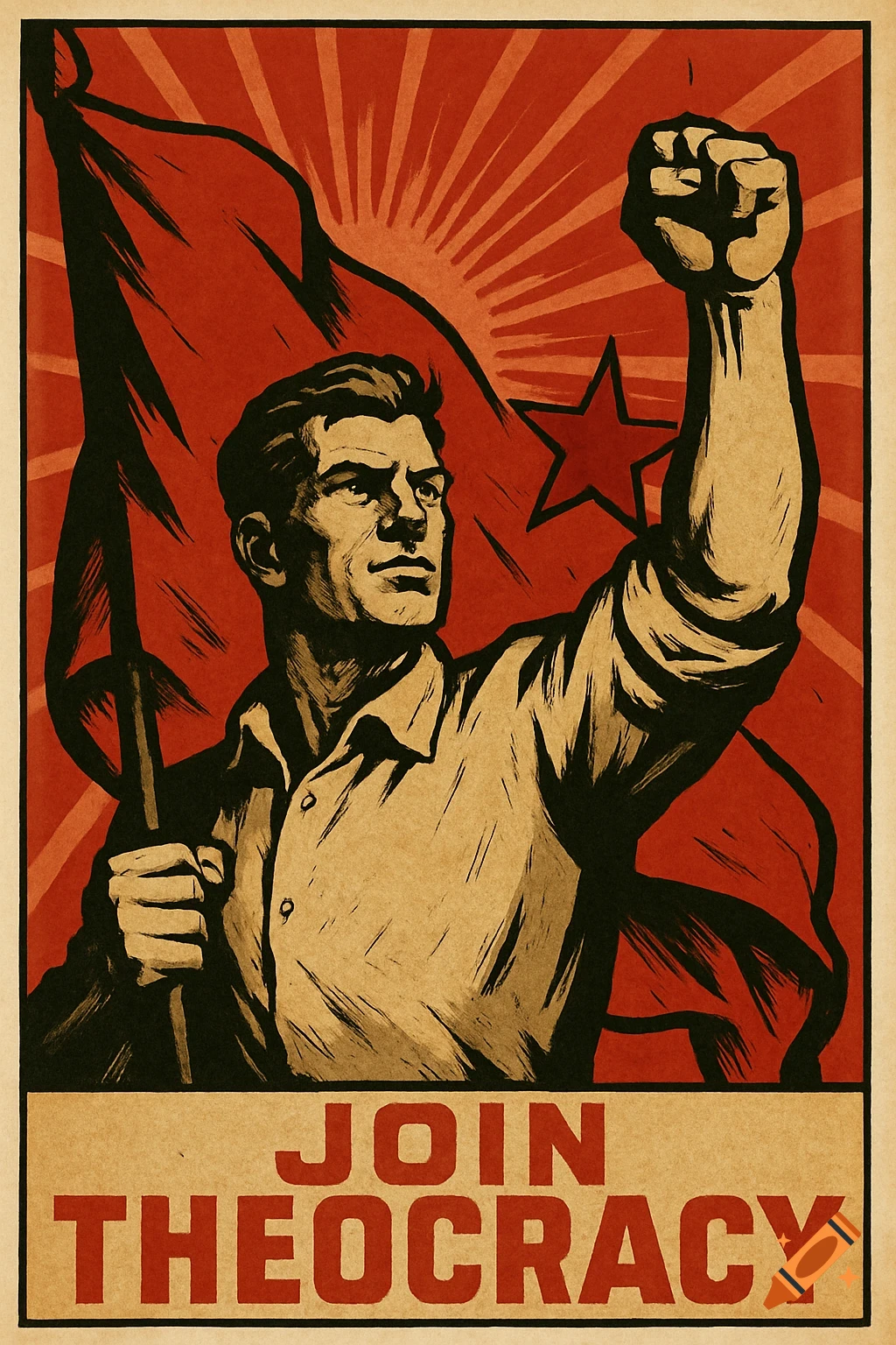 Propaganda poster with three figures looking up at buildings and text ...