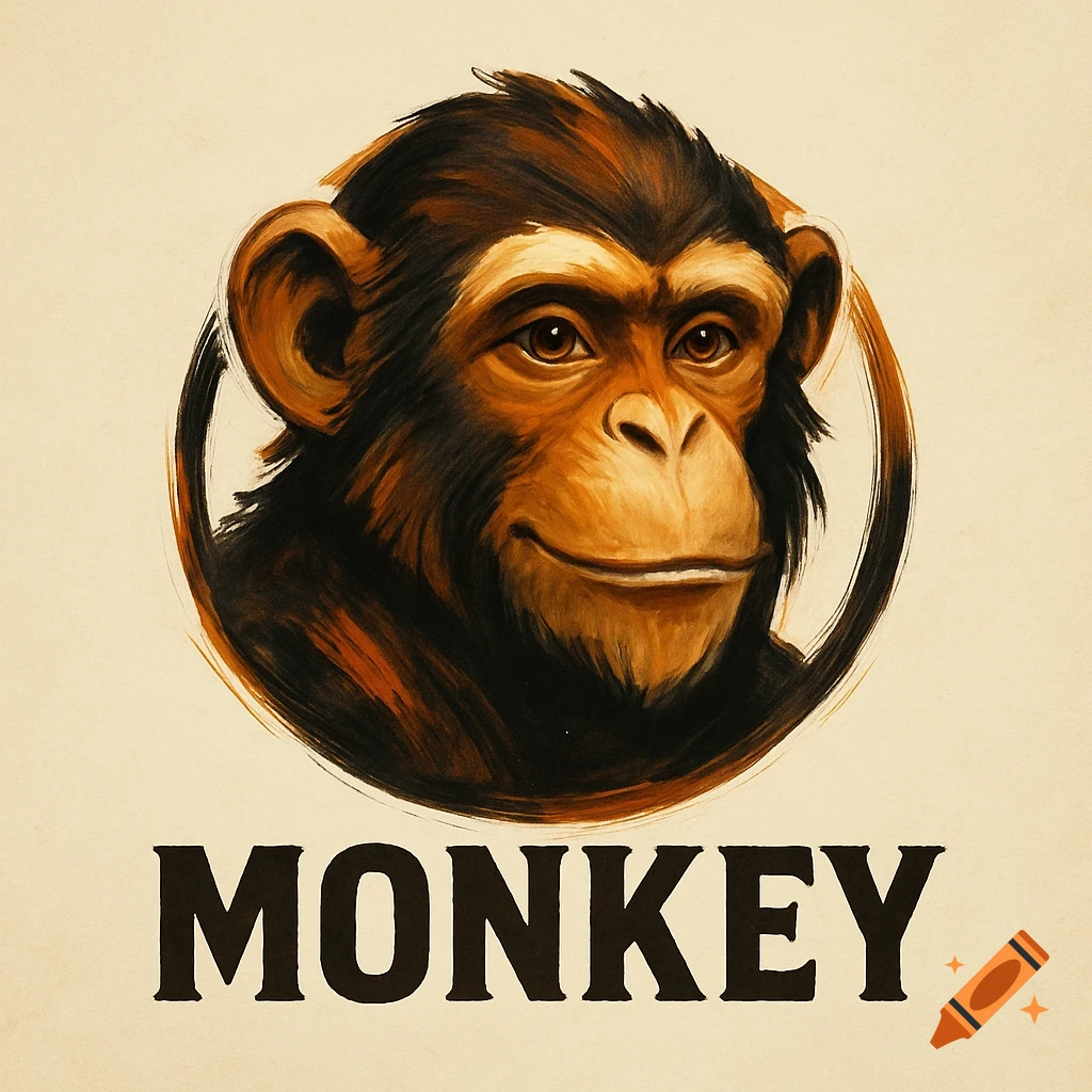 A simple, dark brown cartoon monkey head logo with the word 'MONKIS ...