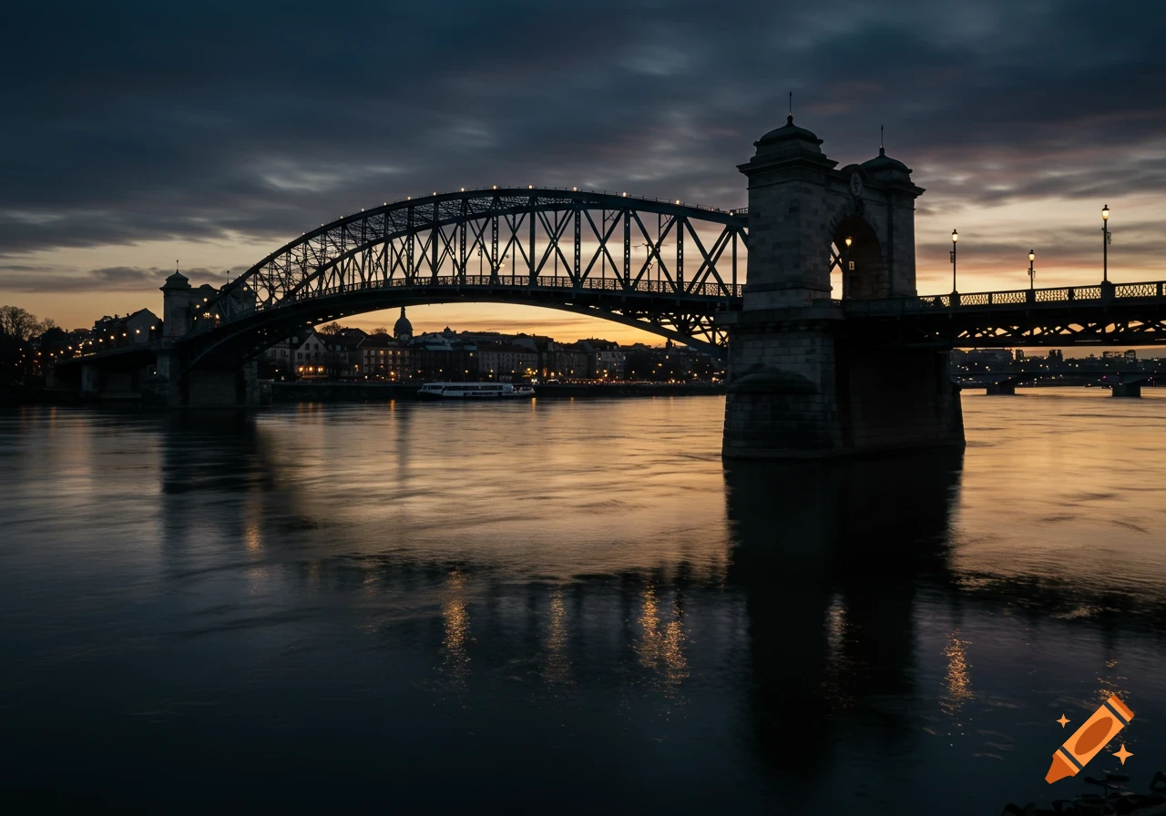 A large metal bridge crosses dark water at sunset, with city lights ...
