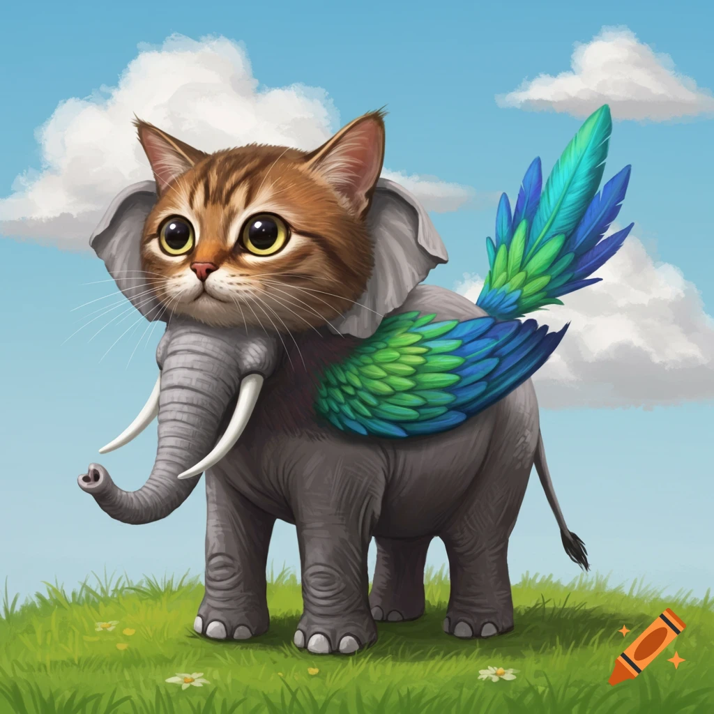 A fantasy cat-elephant-bird hybrid creature stands in a grassy field ...