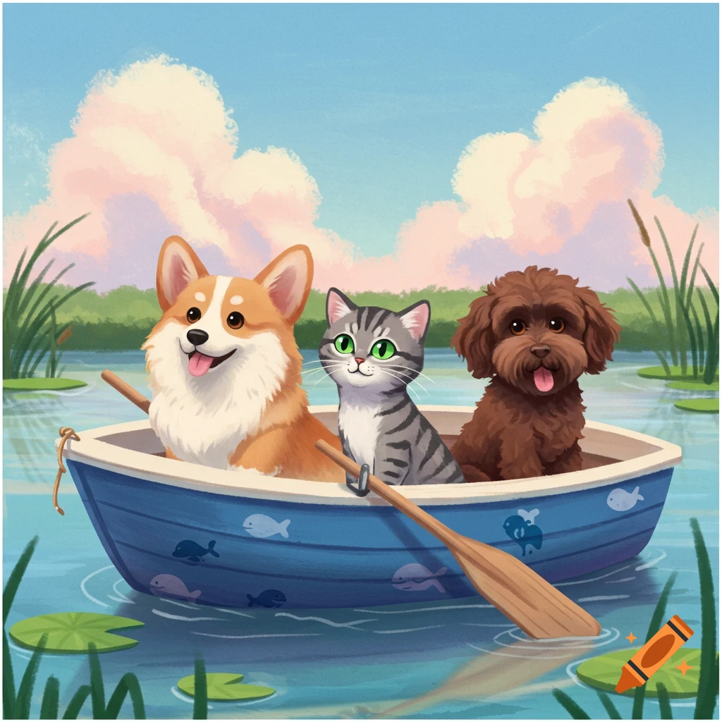 A corgi, a grey cat, and a brown dog in a blue boat on a lake. on Craiyon