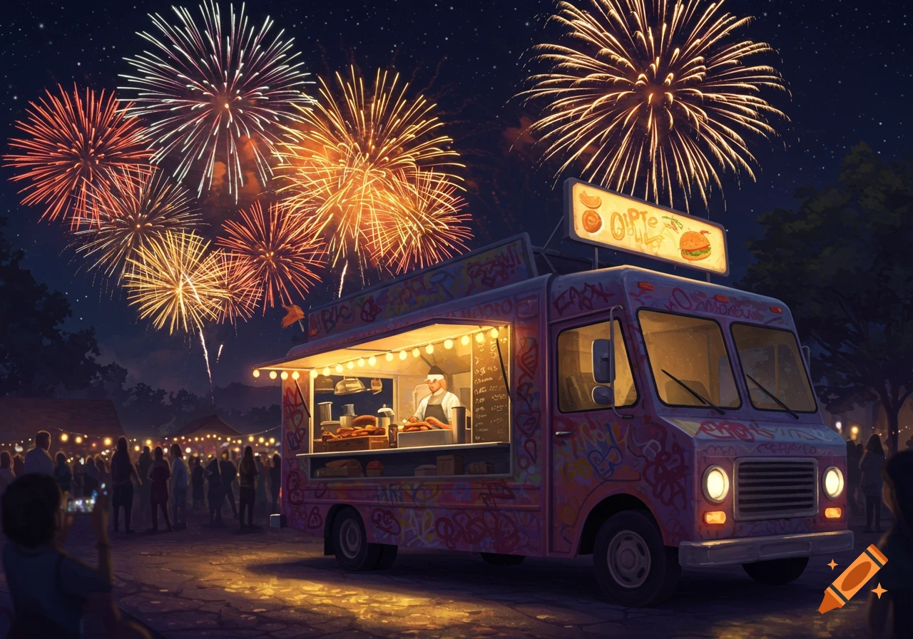 Food truck with Rise & Dine slogan, utensils, fireworks, and sunrise on ...