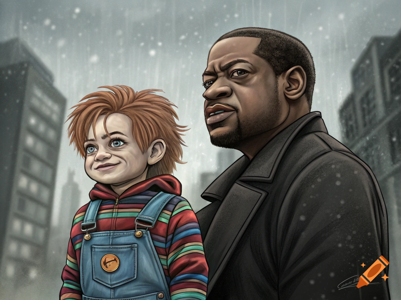 Illustration of a doll resembling Chucky and a Black man standing in ...