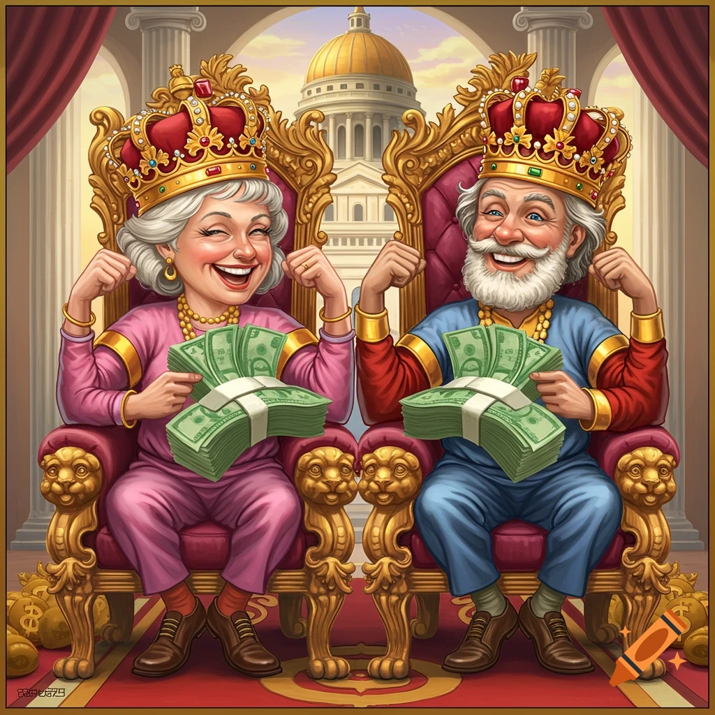 Grandma and grandpa flexing money on their throne with their crown on ...