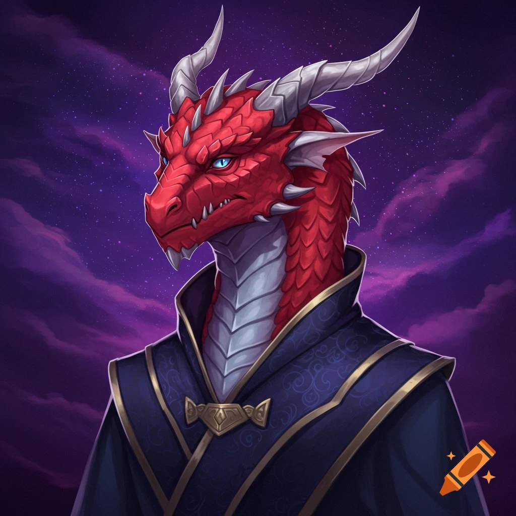 A red dragonborn sorcerer in a blue robe stands against a starry purple background. on Craiyon