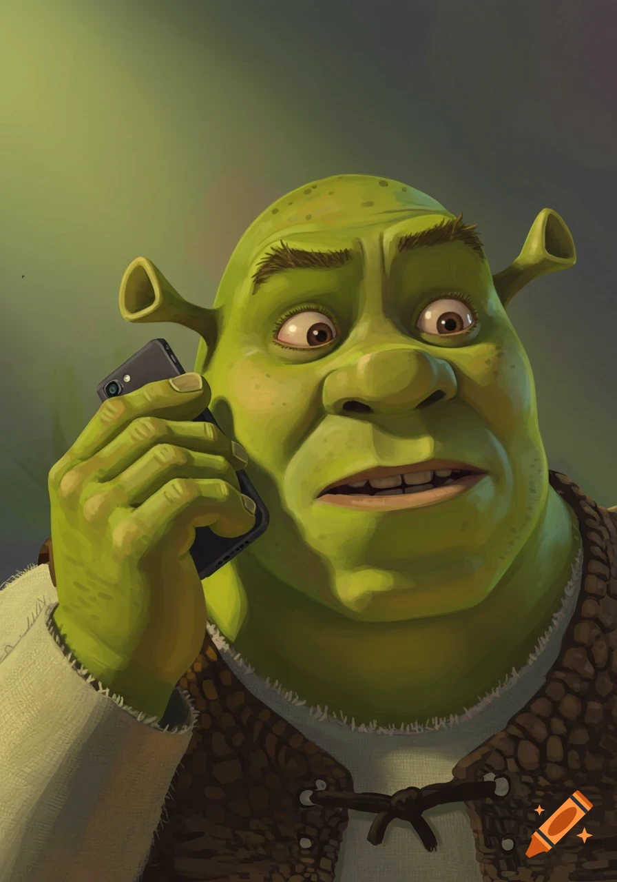 Shrek looking surprised while holding a phone. on Craiyon