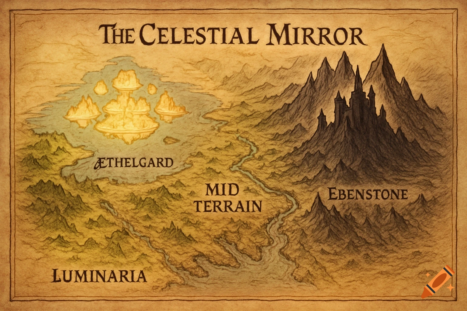 Fantasy world map illustration in ancient parchment style featuring ...