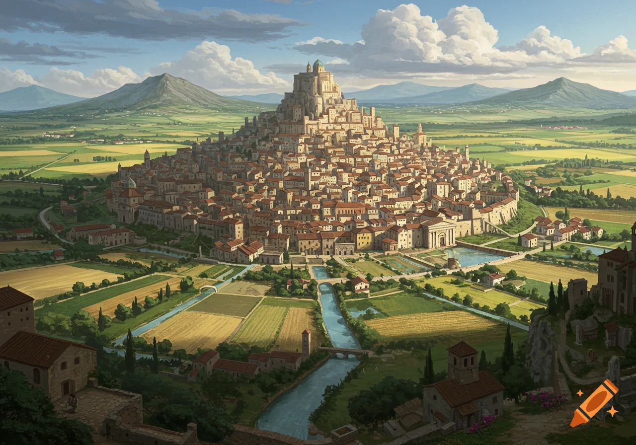 Renaissance town on mountain slopes with farmland on Craiyon