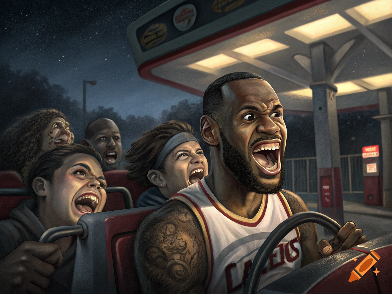 Lebron James and others in a vehicle scream in fear at a gas station at ...
