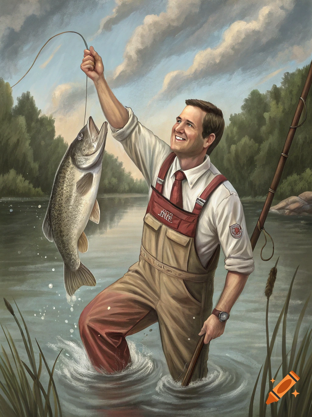 NC State basketball coach wearing waders catching a fish on Craiyon