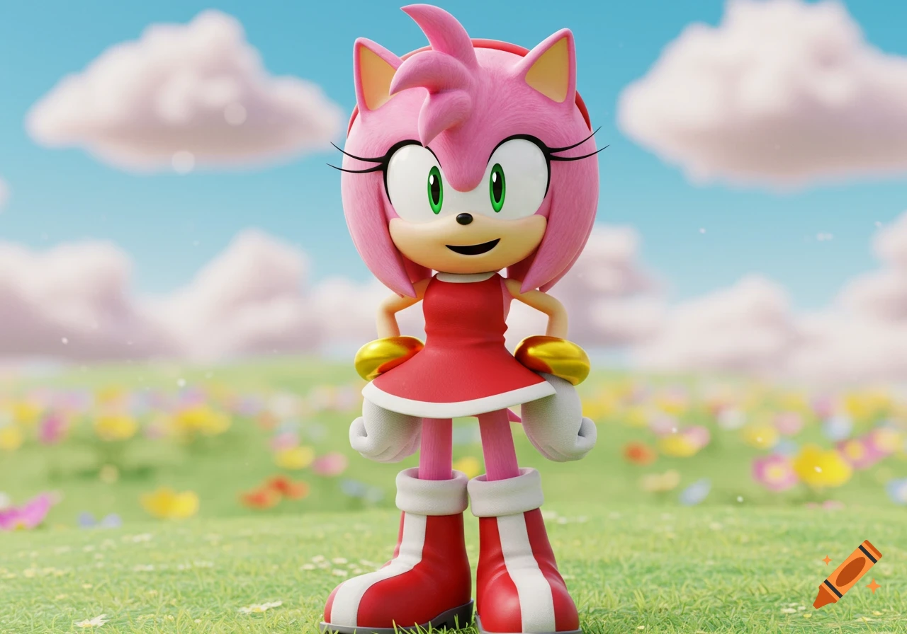 Amy Rose, a pink hedgehog, plays hockey on an ice rink, holding a stick ...