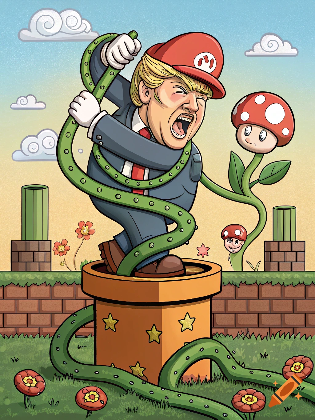 Cartoon of Donald Trump dressed as Mario struggling with a Piranha ...