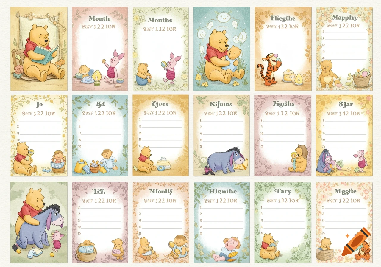 Winnie the Pooh themed monthly baby cards on Craiyon