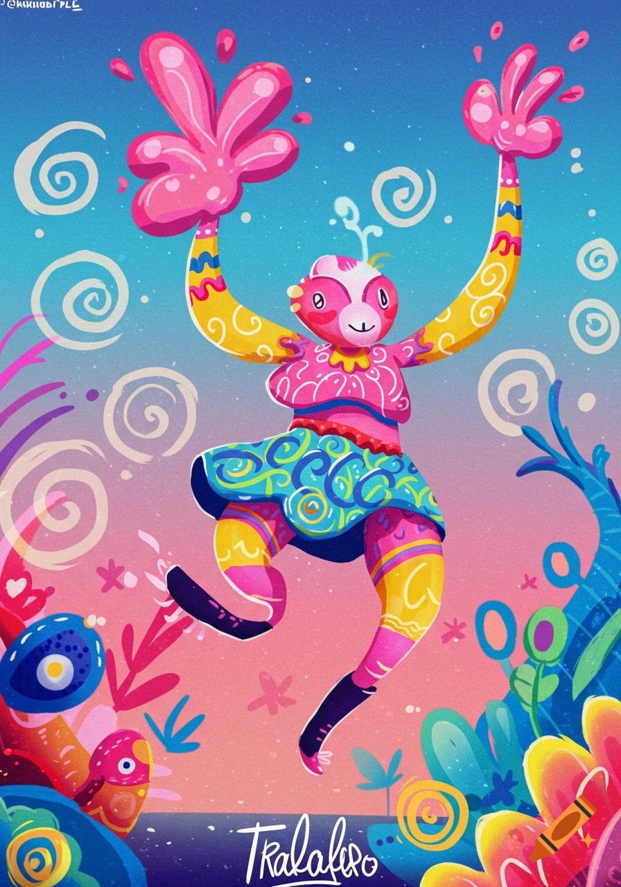 Colorful stylized creature dancing in a vibrant fantasy landscape on ...