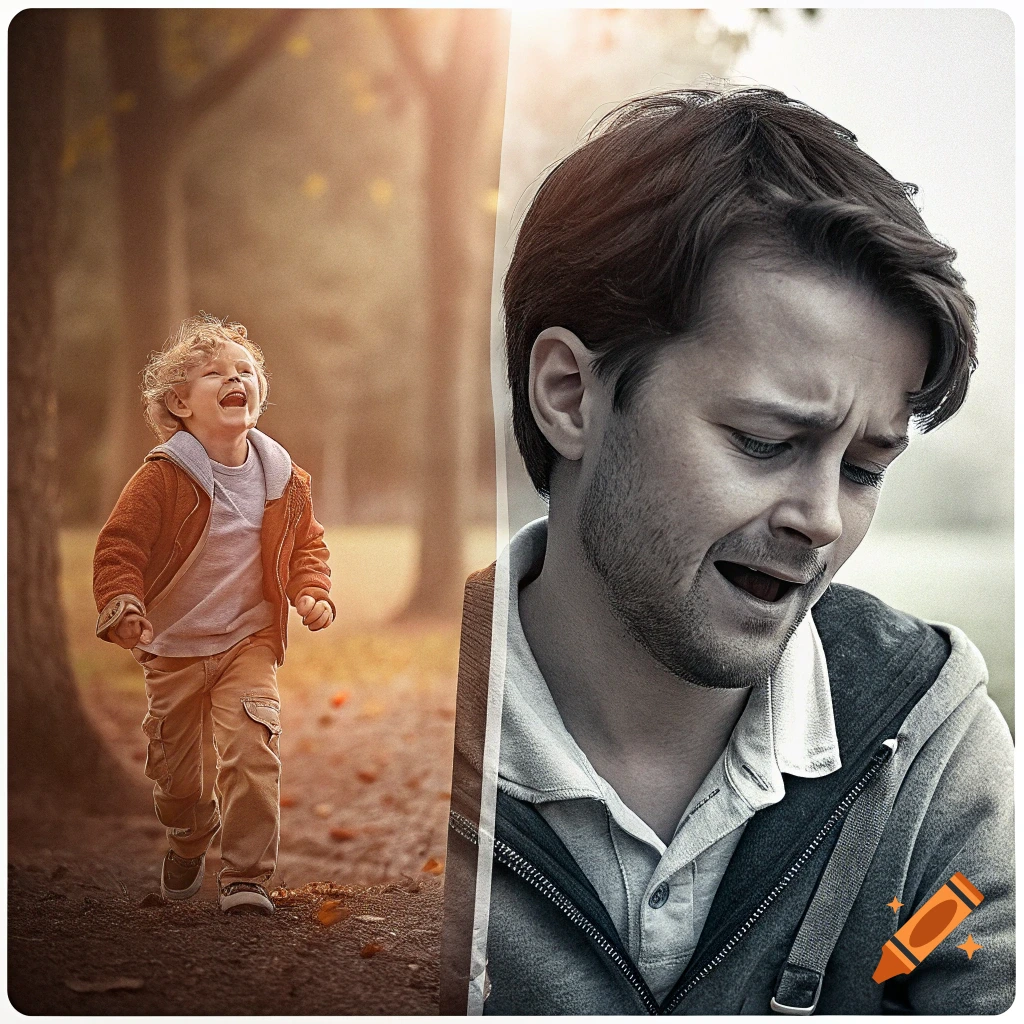 Split image contrasting a happy child running in autumn with a ...