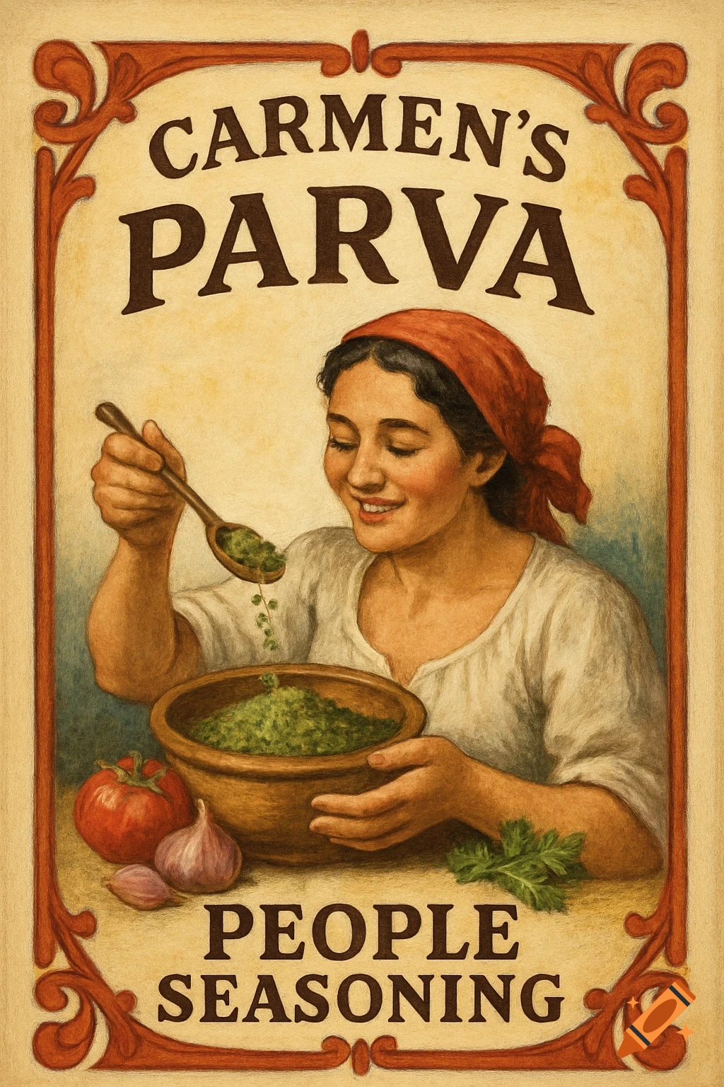 An image of a woman preparing seasoning for a vintage label titled ...