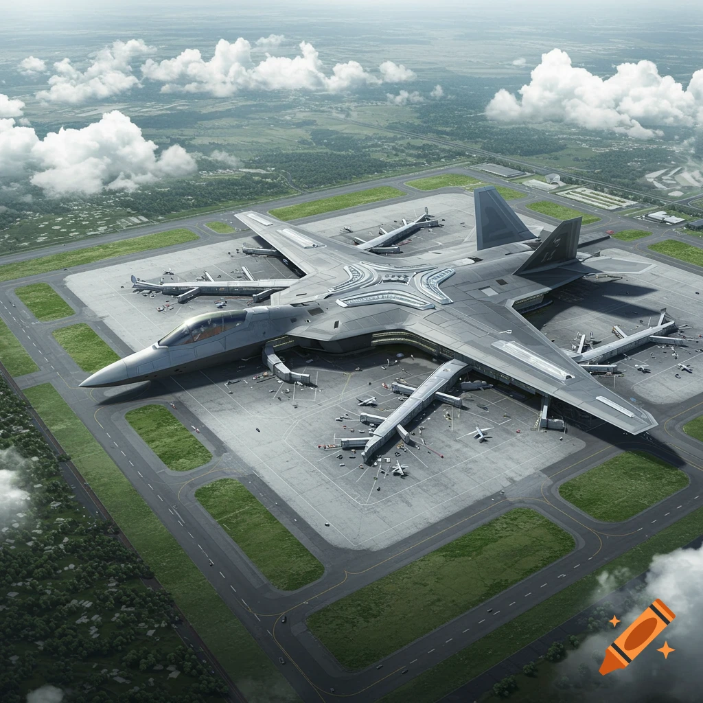 An airport terminal shaped like a large airplane with train tracks. on ...