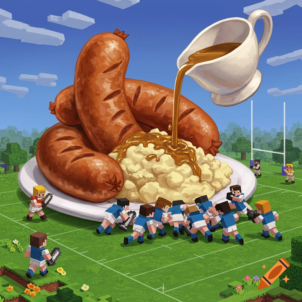 Minecraft-style players play rugby around a giant plate of sausage and ...