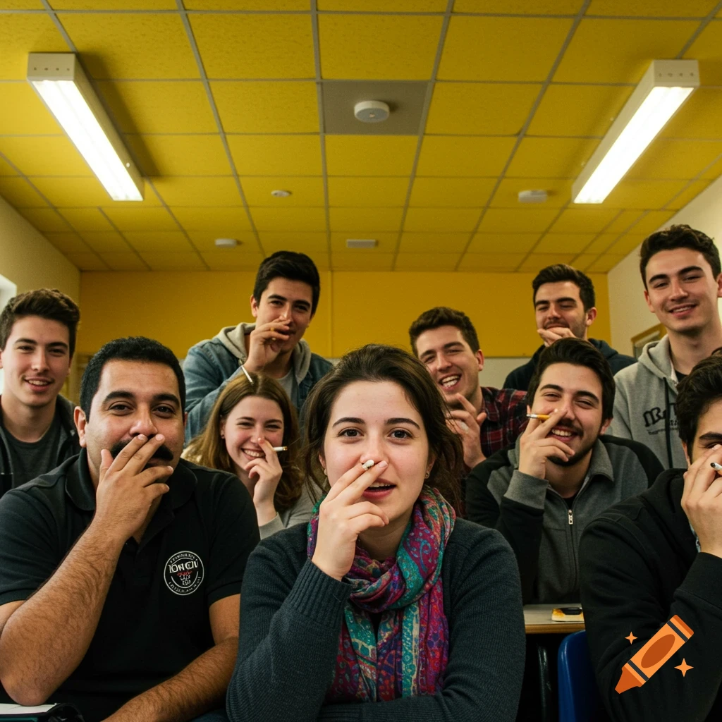 Group of diverse students smoking cigarettes in a classroom. on Craiyon