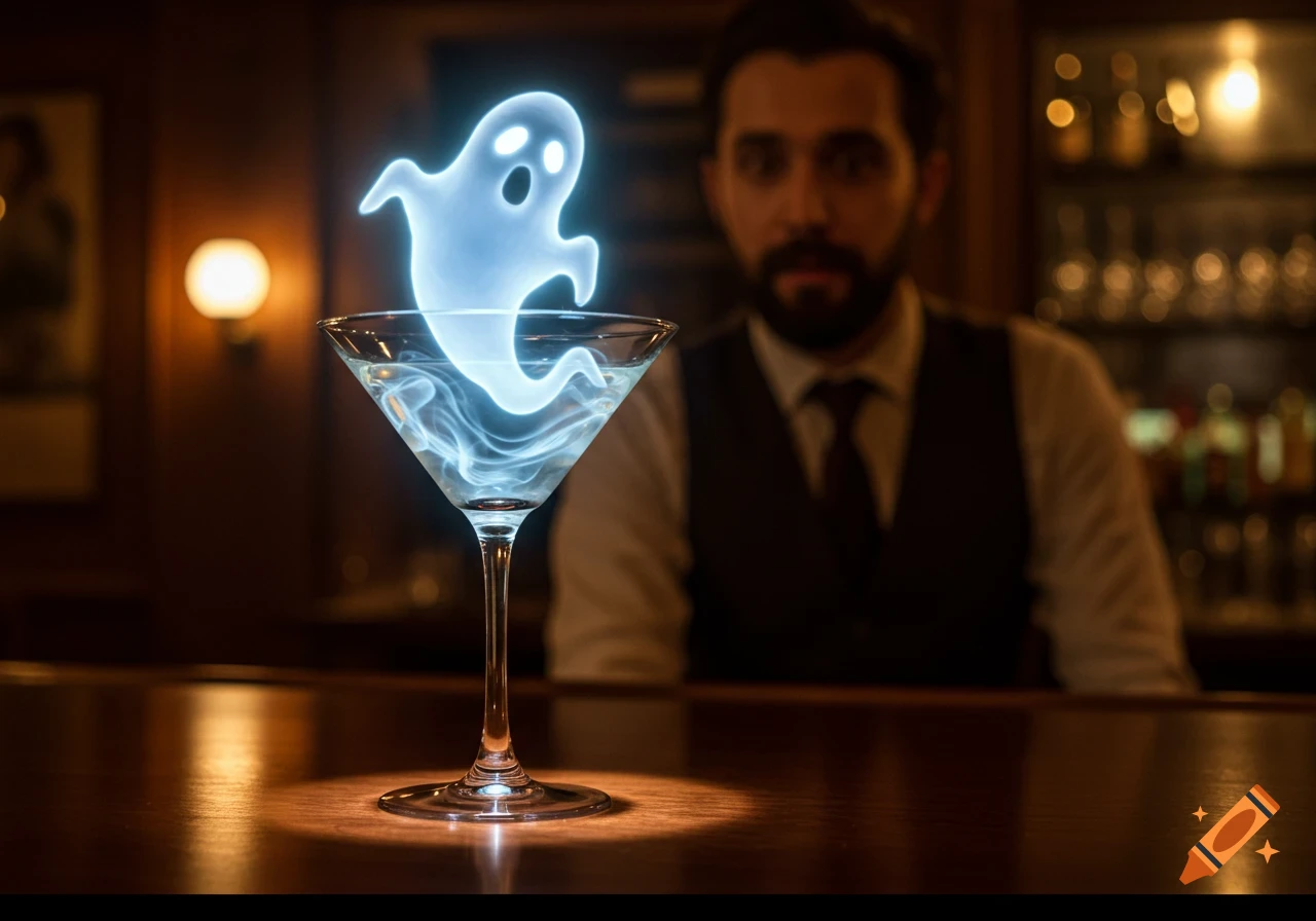 Ghost in a martini glass with a man at the bar on Craiyon