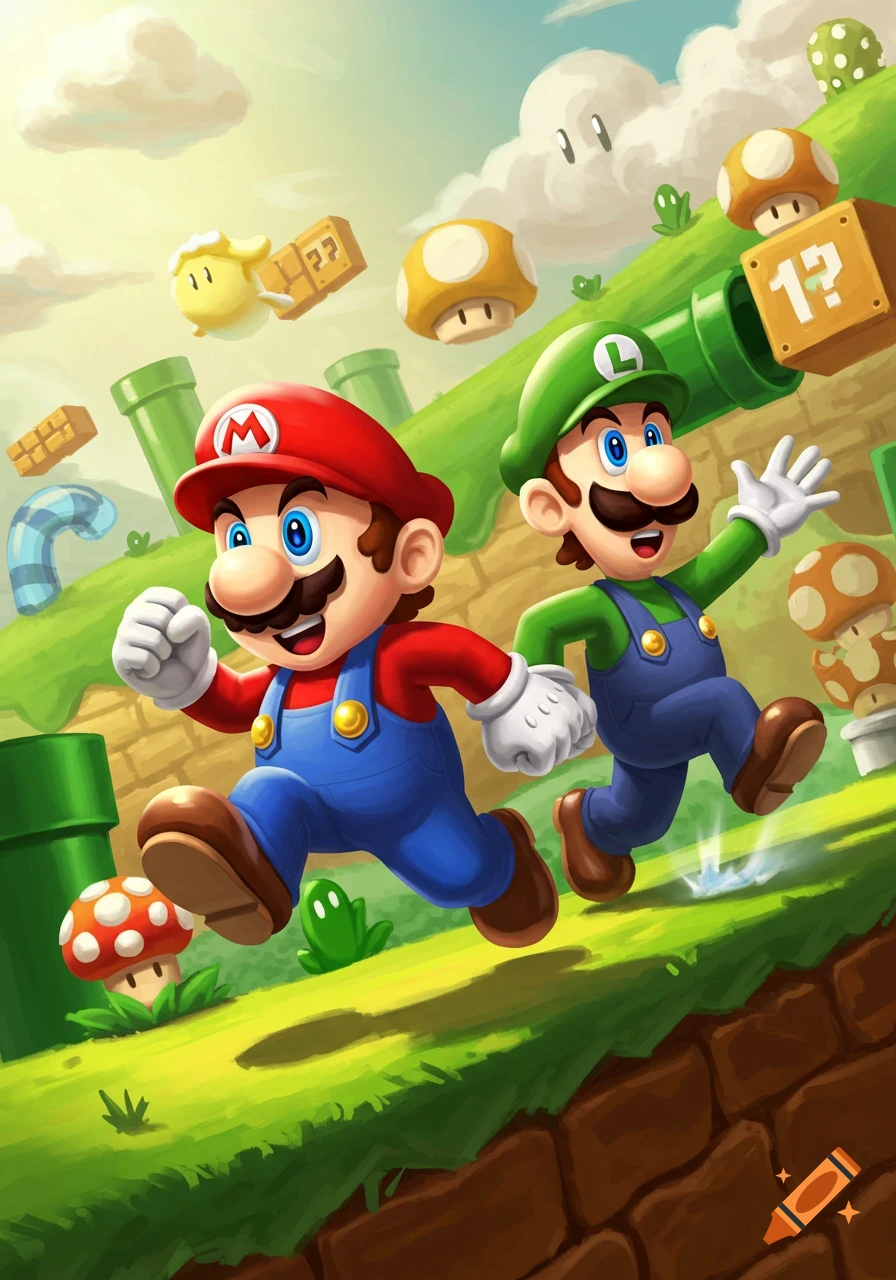 Super Mario with glowing eyes, running amidst pink and blue glitch art ...