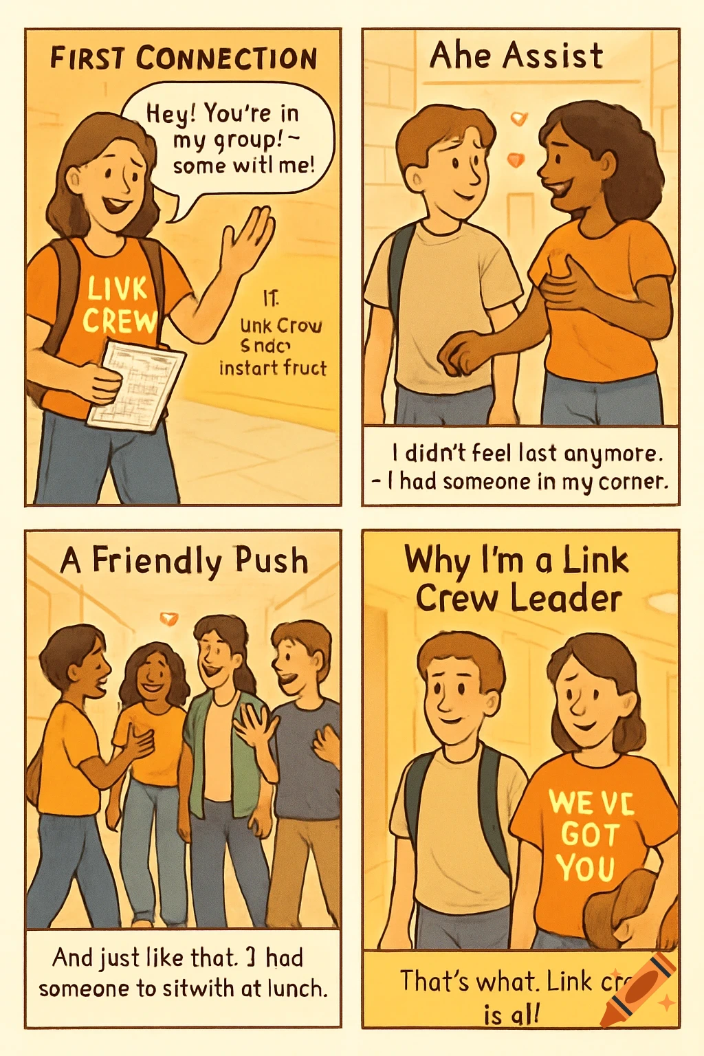 Comic strip illustration showing Link Crew leader helping a freshman ...