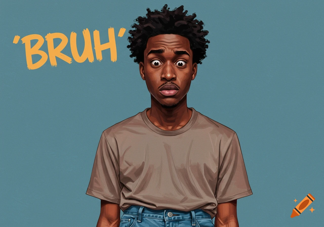 A man with a surprised expression and the text 'BRUH' above his head ...