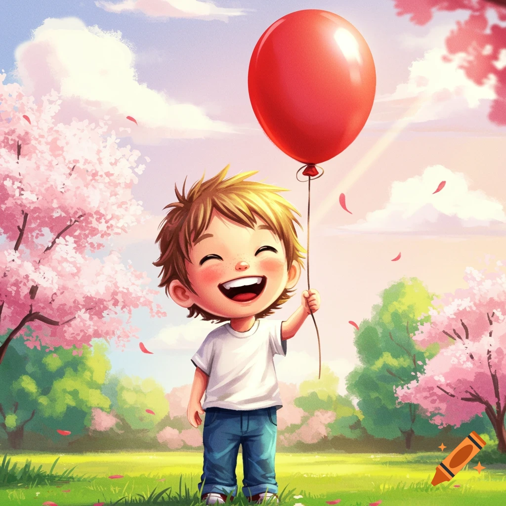 Animated boy smiling and jumping while holding a large red balloon in a ...